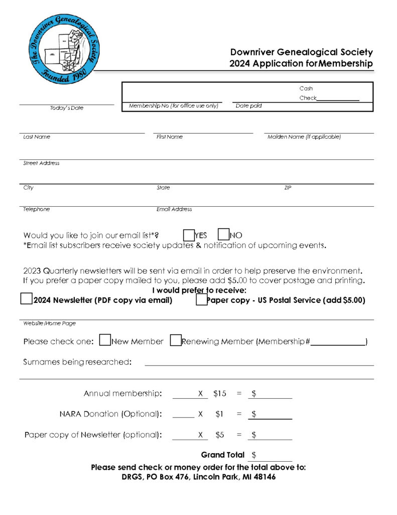 DRGS Membership Application - Downriver Genealogical Society