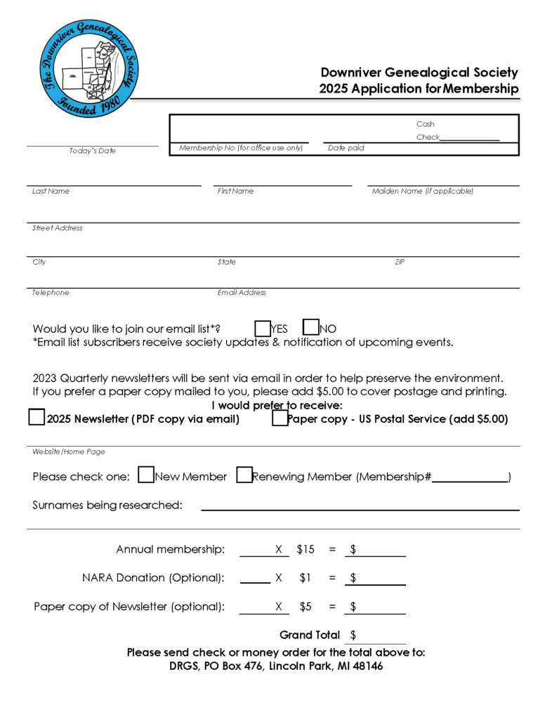 DRGS Membership Application – Downriver Genealogical Society
